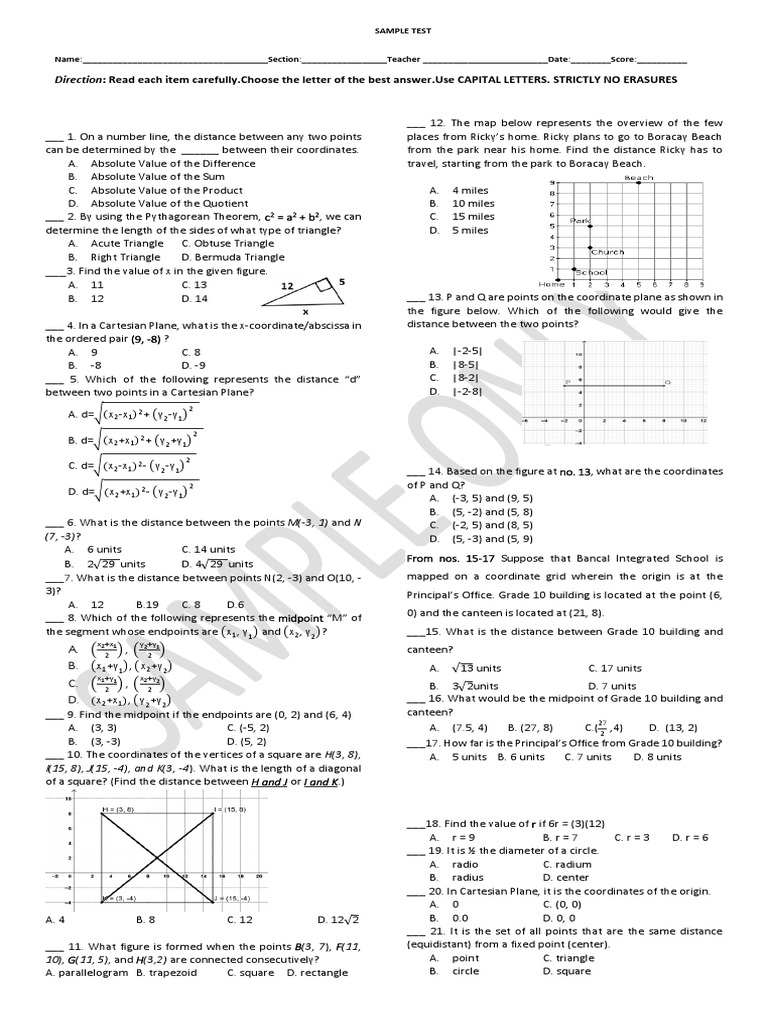 Sample Test in GRADE 10 Mathematics | PDF | Circle | Triangle