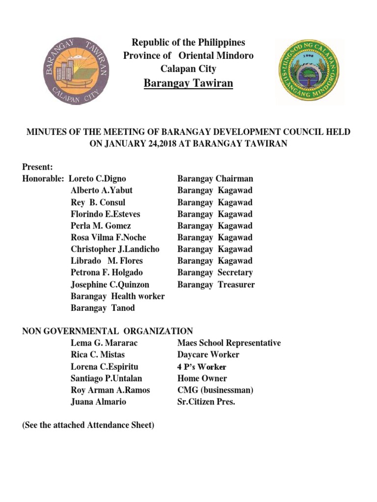 Barangay Tawiran's Barangay Development Council Meeting Minutes and ...