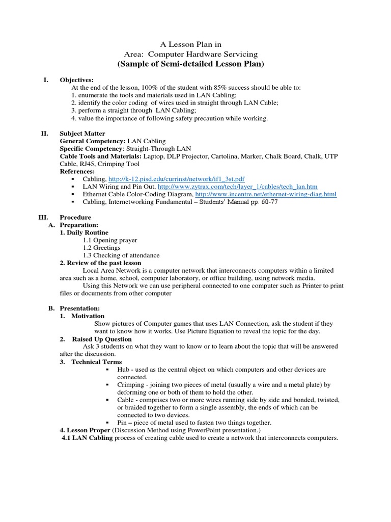 (Sample of Semi-Detailed Lesson Plan) : A Lesson Plan in Area: Computer ...