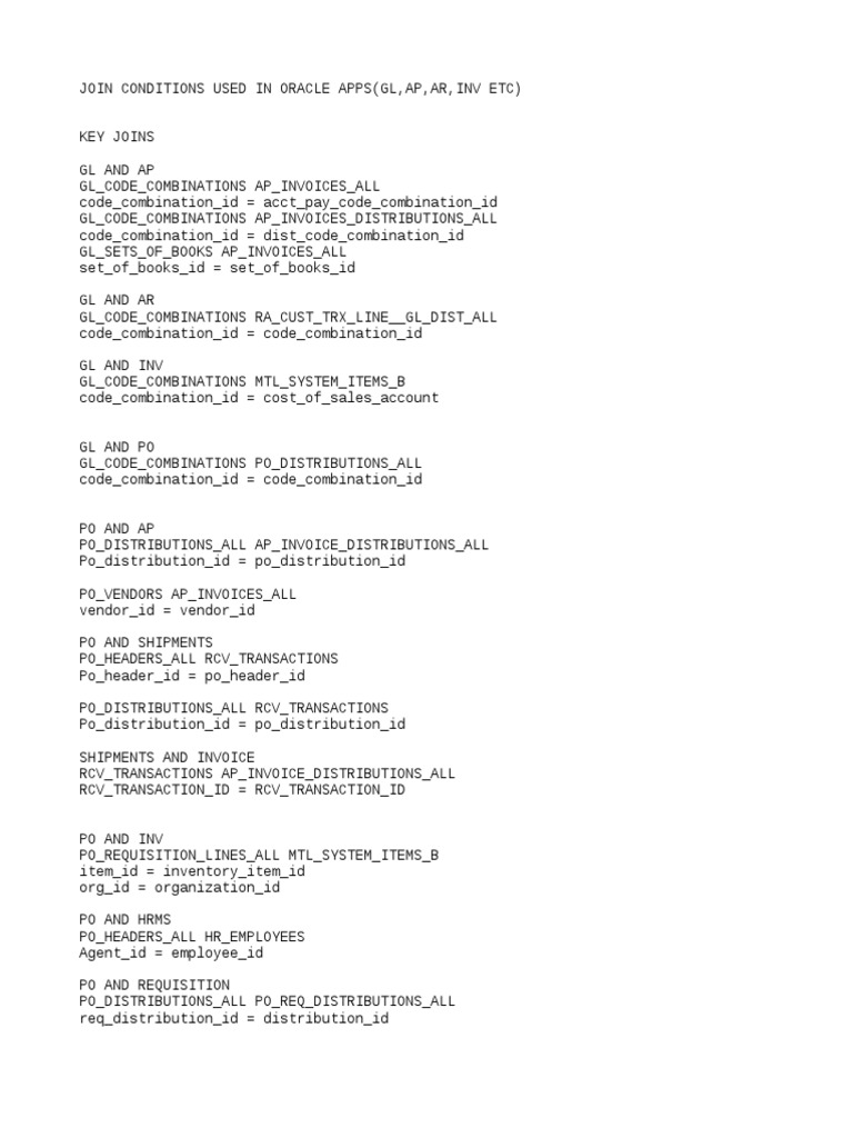 Join Conditions Used in Oracle Apps (GL, AP, Ar, Inv Etc) and Key ...