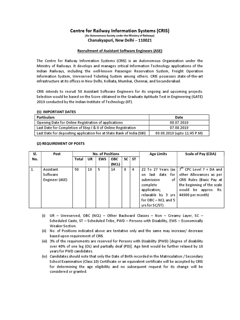 CRIS Detailed Advertisement v4 04 July 2019 PDF | PDF | Academic Degree ...