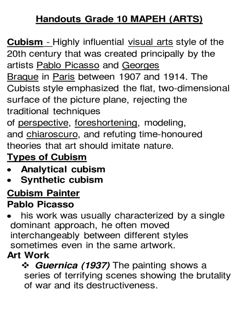 Handouts Grade 10 MAPEH (ARTS) Cubism - Highly Influential Visual Arts ...