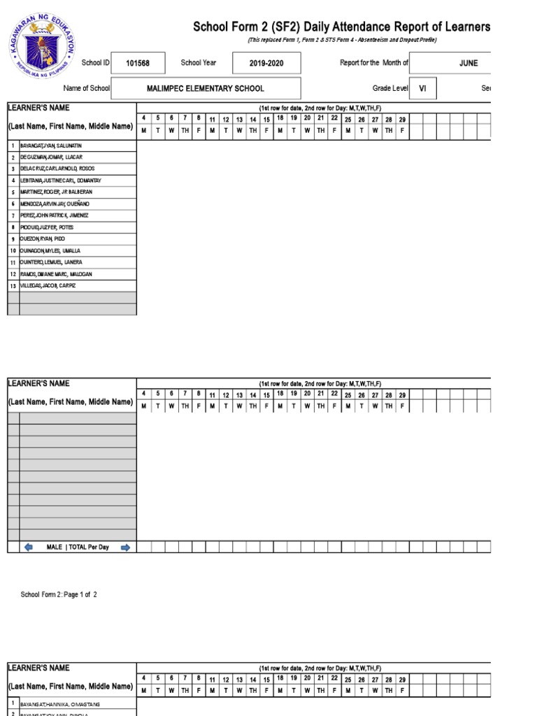 School Form 2 (SF2) Daily Attendance Report of Learners | Download Free ...