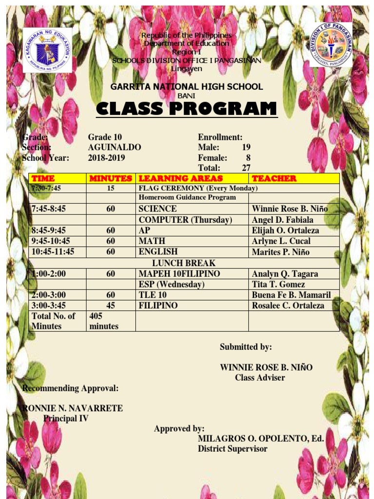 Grade 10 Class Program Overview | PDF | Philippines | Learning