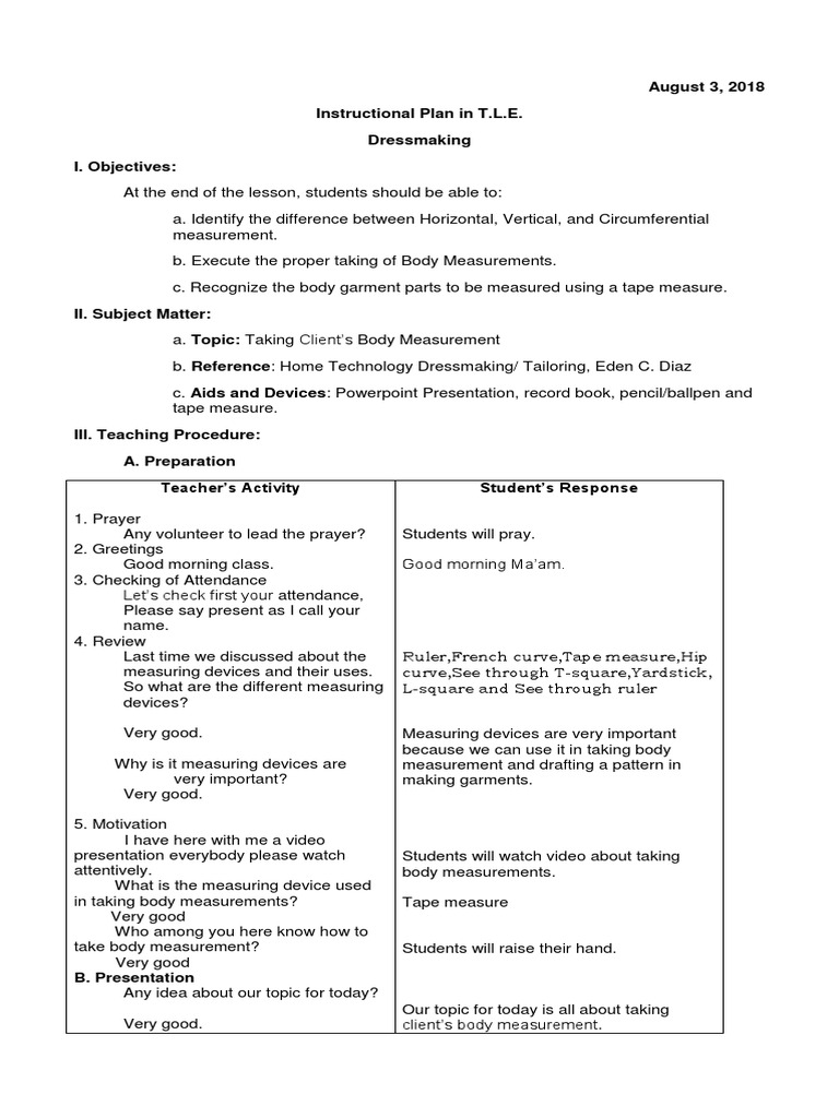 Lesson Plan in Body Measurement | Waist | Cognition