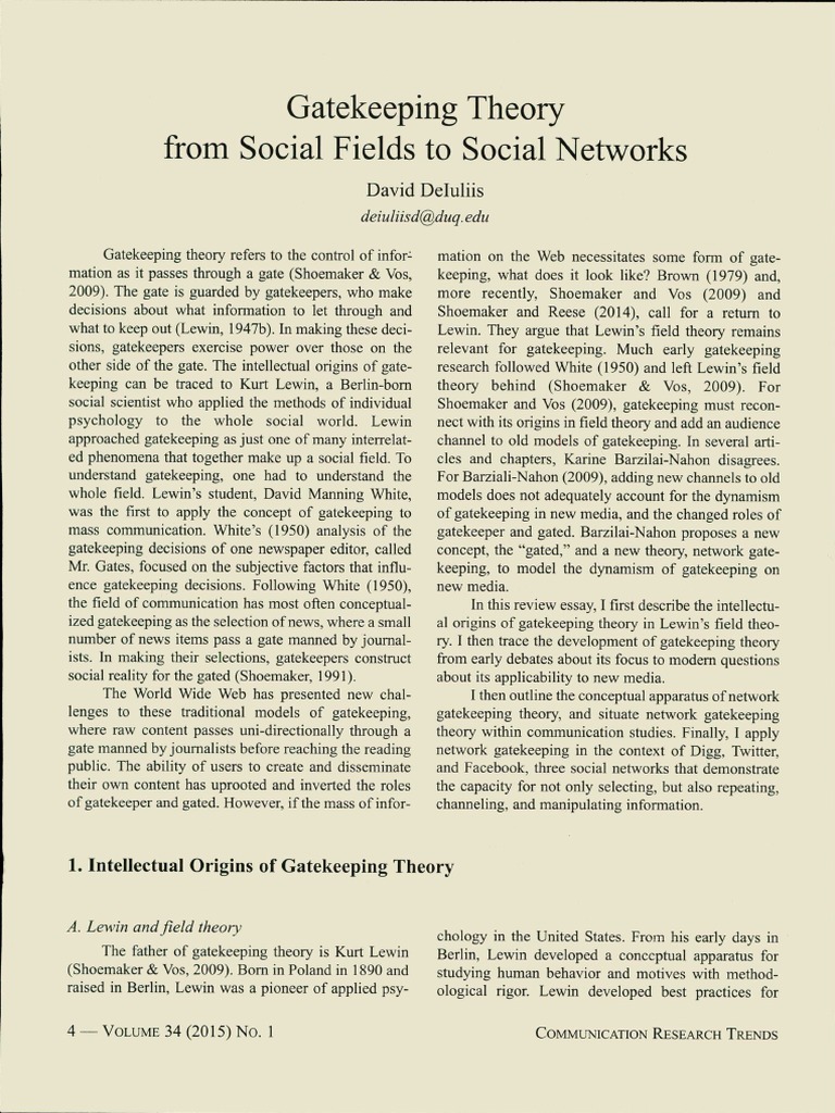 Deluliis, D. - Gatekeeping, Theory Fron Social Fields To Social Networks | PDF | Positivism ...