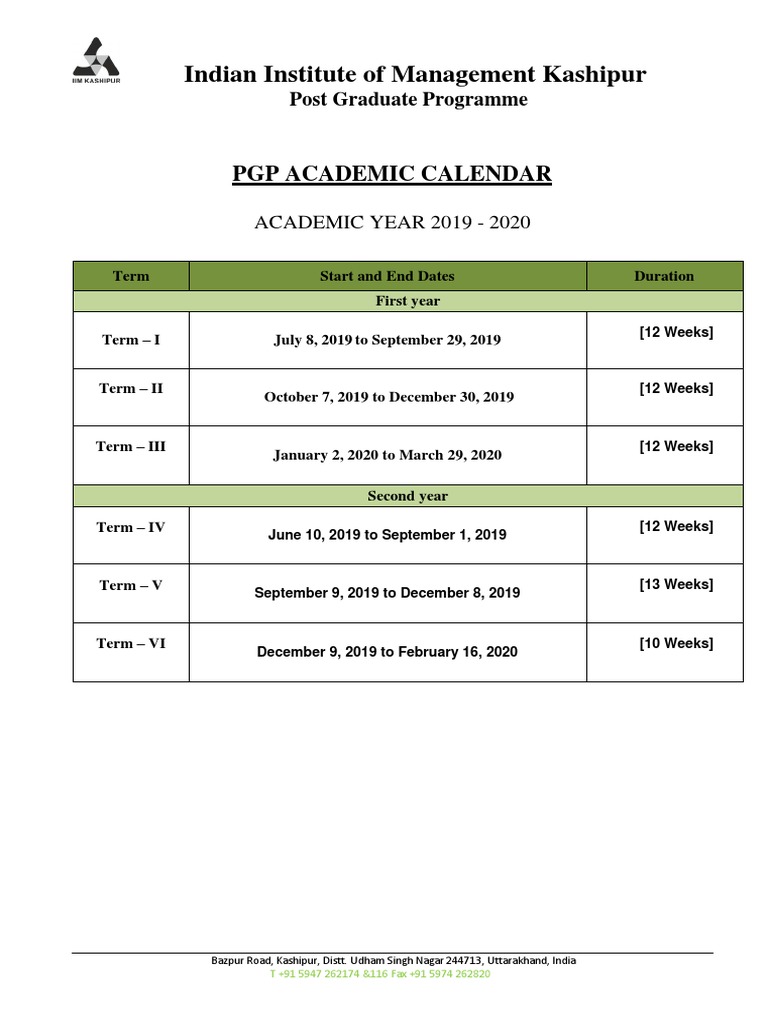 Indian Institute of Management Kashipur: PGP Academic Calendar | PDF ...