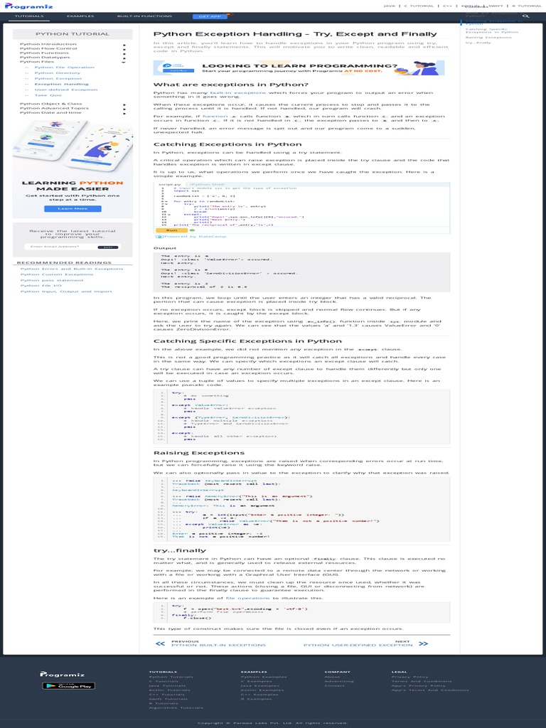 Python Exception Handling - Try, Except and Finally PDF | PDF | Parameter (Computer Programming ...