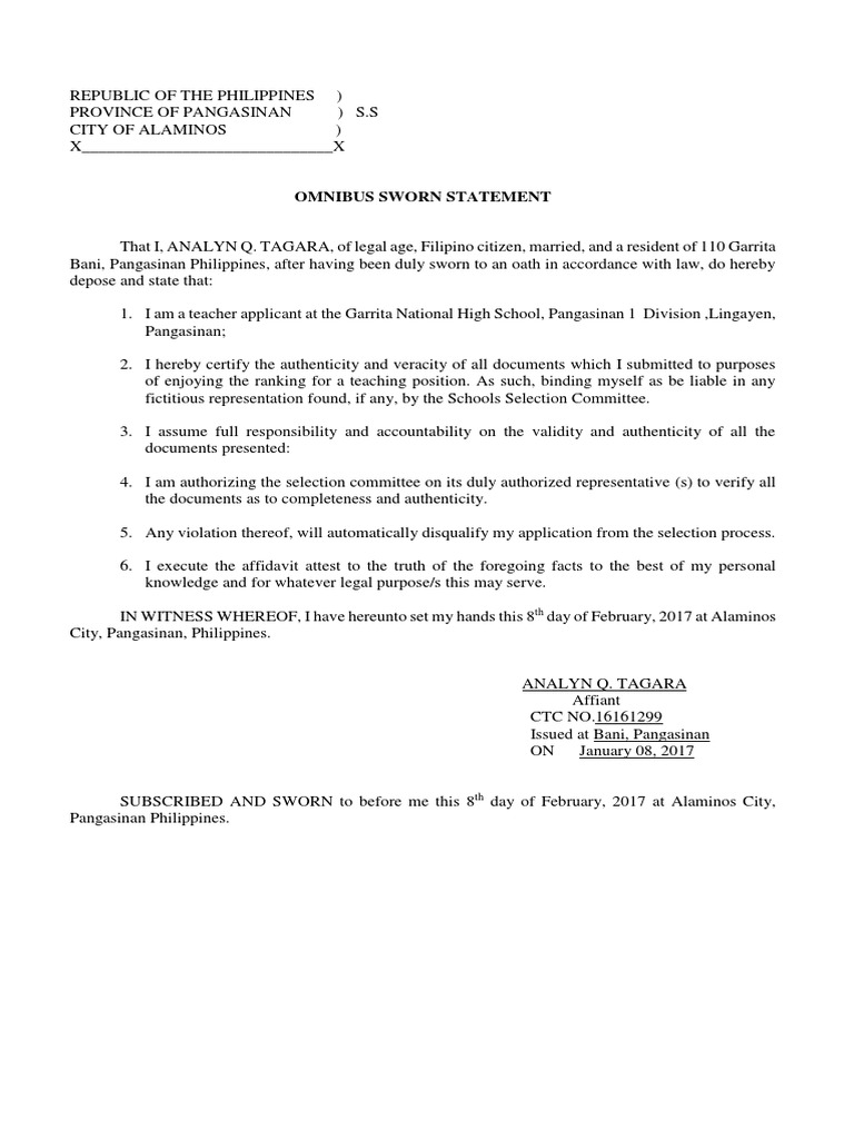 Omnibus Sworn Statement | PDF | Affidavit | Teachers