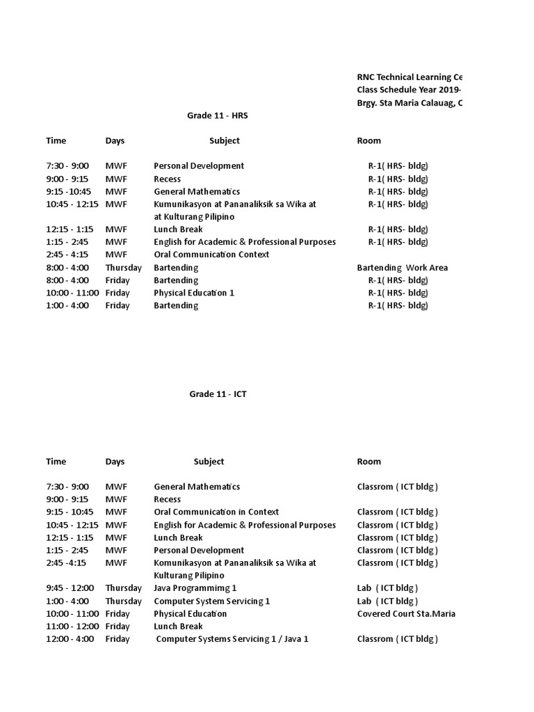 Class Schedule of RNC | PDF | Educational Technology | Behavior ...