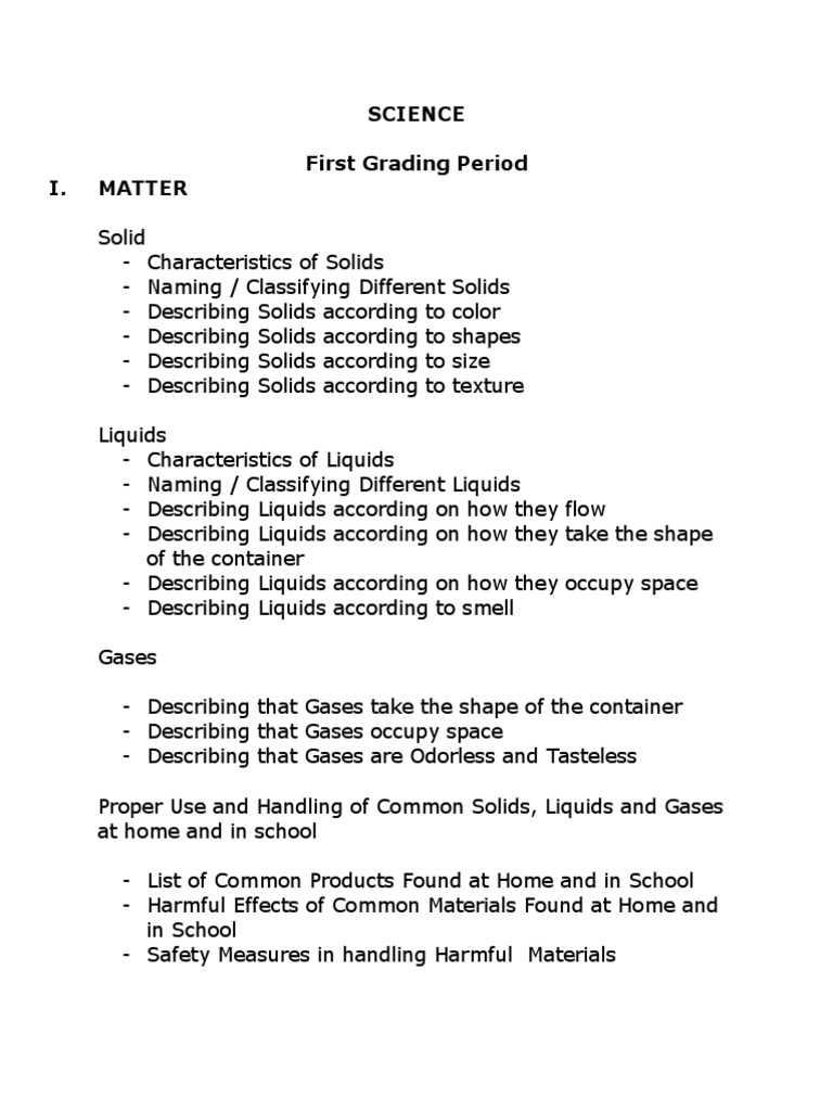 SCIENCE Table of Contents 1st Quarter | PDF | Liquids | Gases