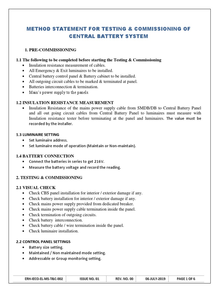 Method Statement For Testing & Commissioning of Central Battery System ...