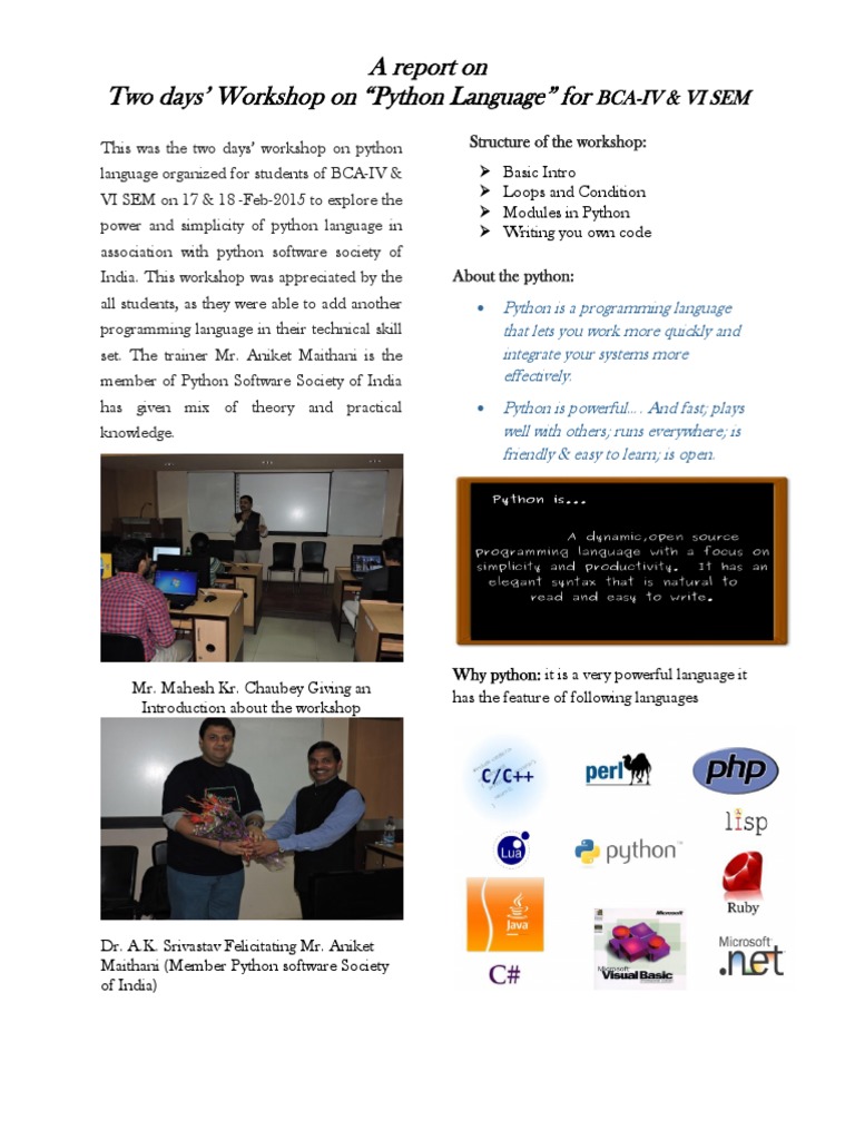 A Report On Two Days' Workshop On "Python Language" For: Bca-Iv & Vi Sem | PDF | Python ...