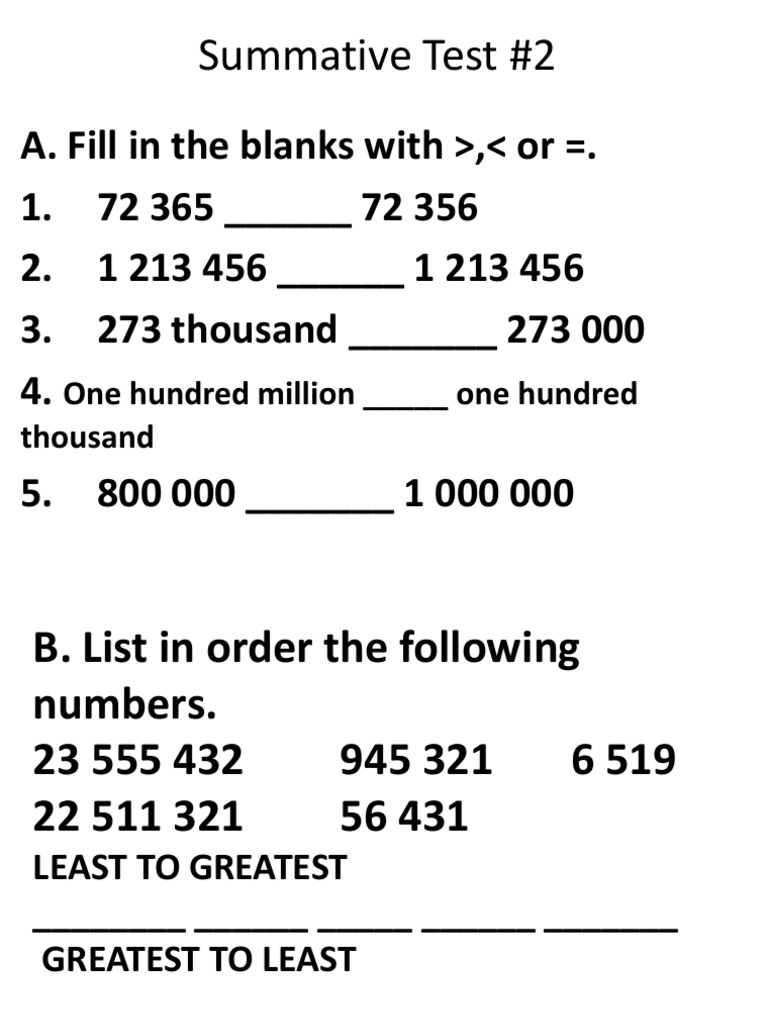 Math Summative Test #2: Number Comparison and Value | PDF | Teaching ...