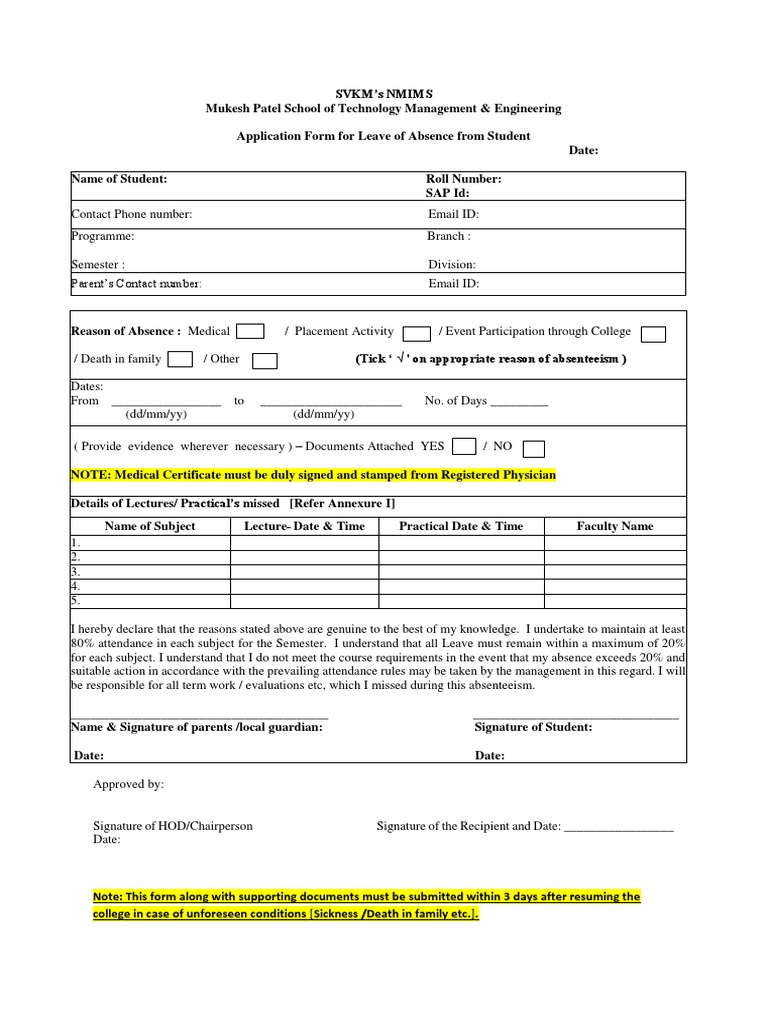 Request for Leave of Absence Due to Medical Reasons, Placement Activity ...