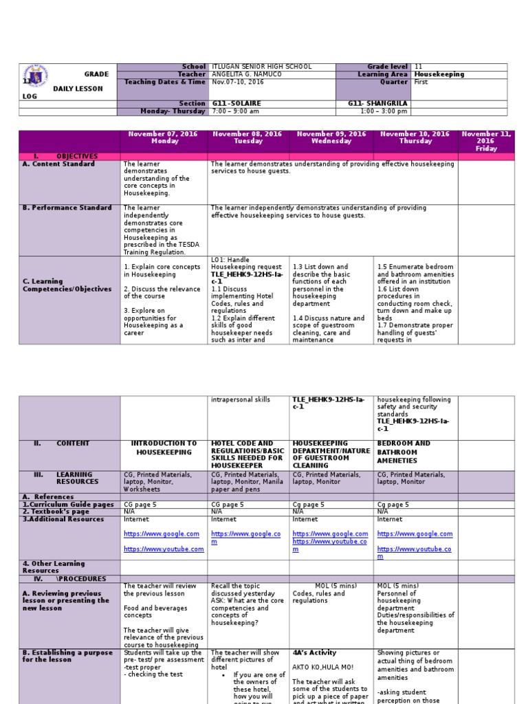 Dll housekeeping | Learning | Teachers