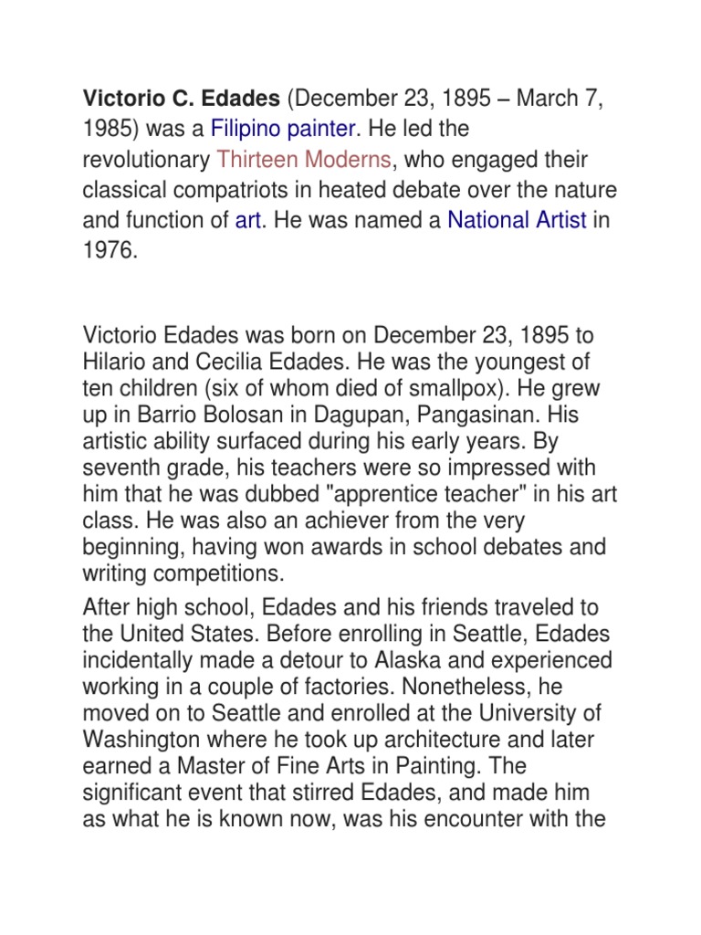 Victorio C. Edades (December 23, 1895: Filipino Painter | PDF | Art ...