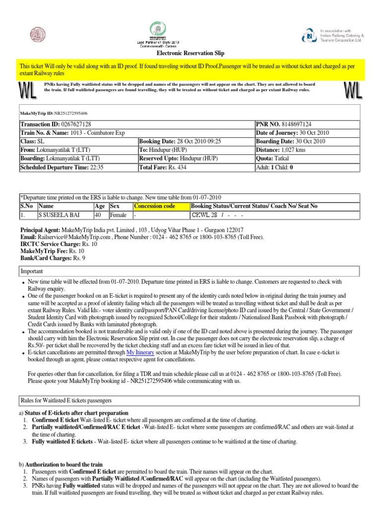 Rail E-Ticket NR251272595406 PNR 8148697124 LTT-HUP | PDF | Identity ...