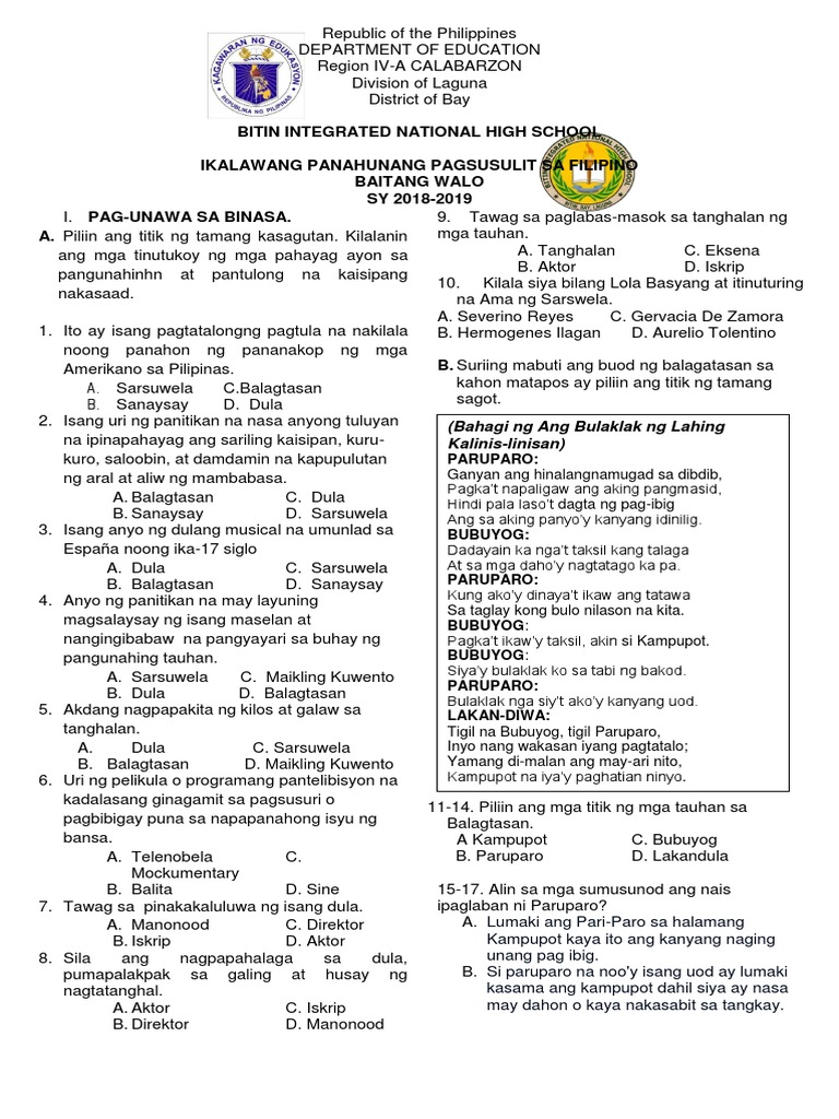 Tos NG FILIPINO 11 3RD GRADING | PDF