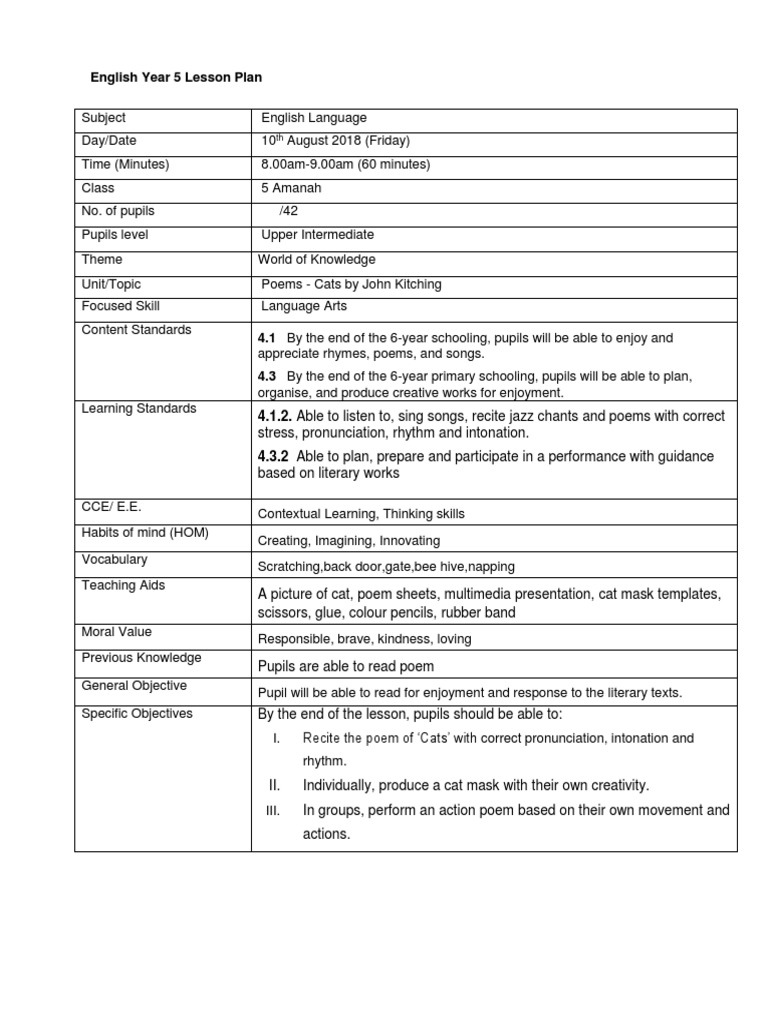 English Year 5 Lesson Plan: 4.1.2. Able To Listen To, Sing Songs ...