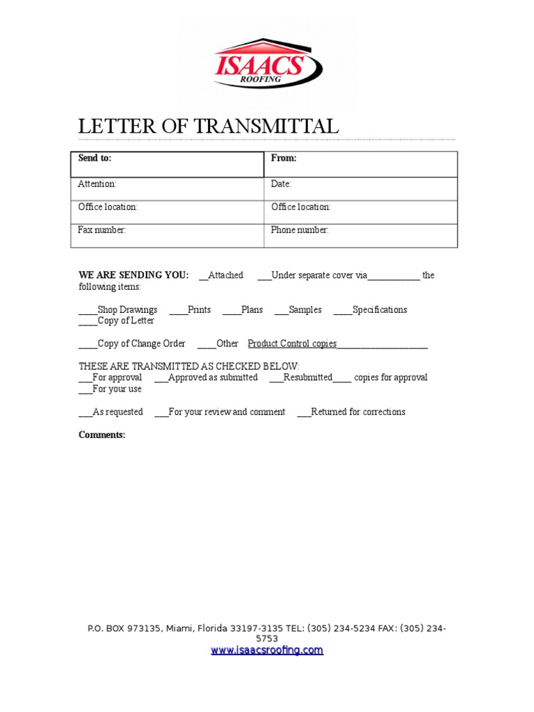 Letter of Transmittal: Send To: From | PDF