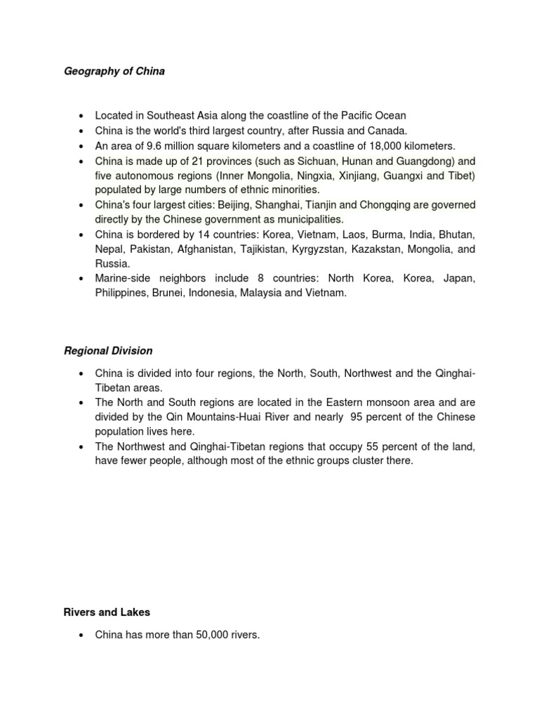 Geography of China: Rivers and Lakes | PDF | China | World Politics