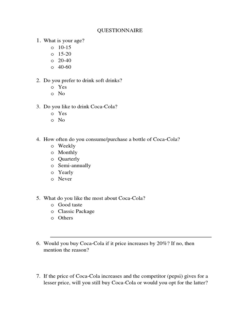 QUESTIONNAIRE Economics | PDF | Coca Cola | Business Economics