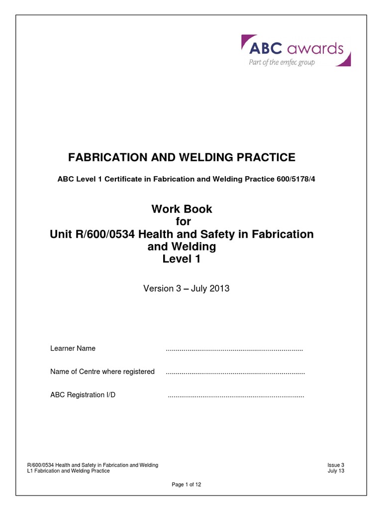 Health and Safety in Fabrication and Welding Work Book | PDF | Labor ...