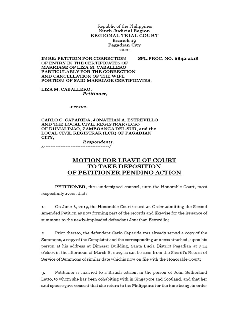Motion For Deposition-Taking Pending Action Caballero-Liza | PDF | Deposition (Law) | Government ...