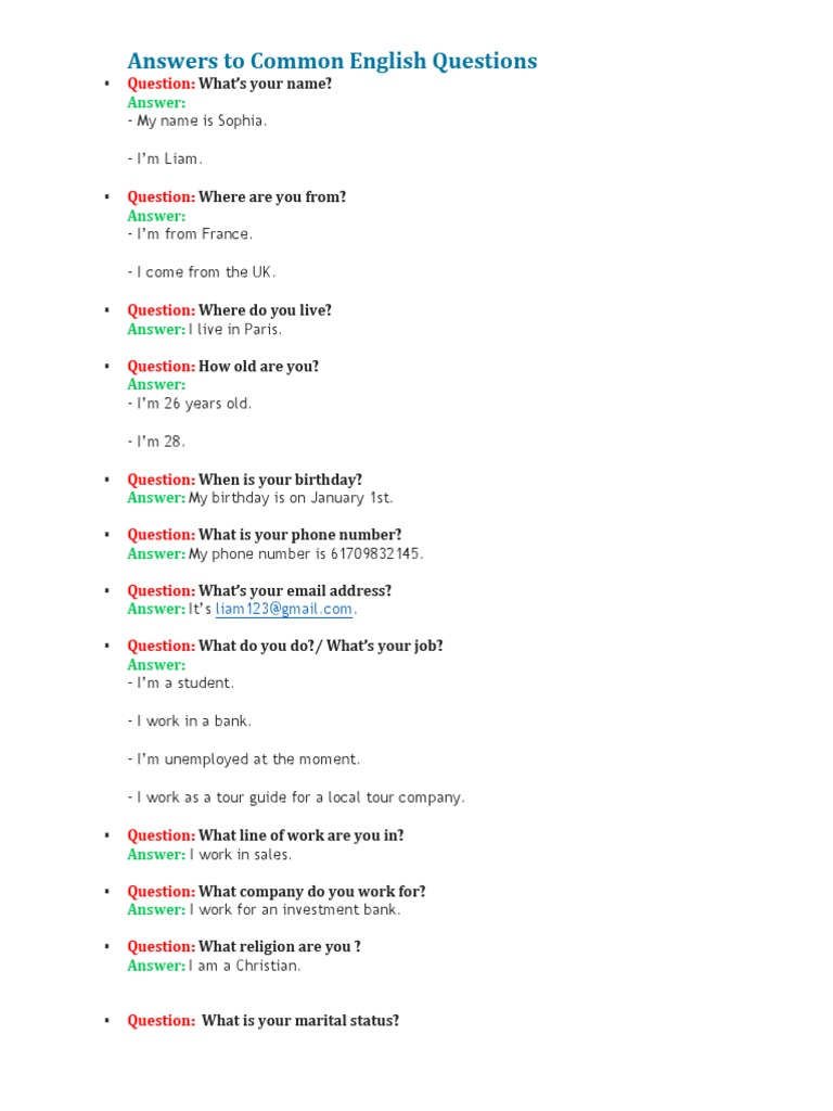 Answers To Common English Questions: Answer | PDF | Question | English ...