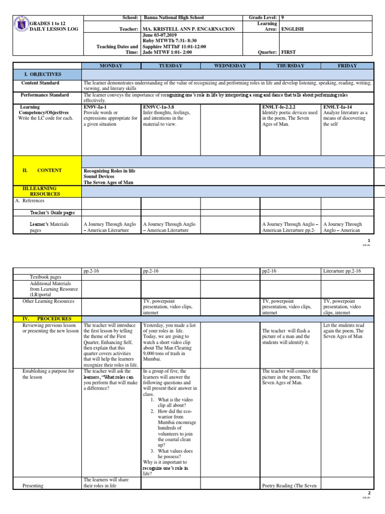 DLL 1 Week | PDF | Teachers | Learning