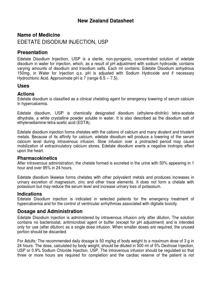 Edetate Disodium Injection, Usp: New Zealand Datasheet | PDF | Dose ...