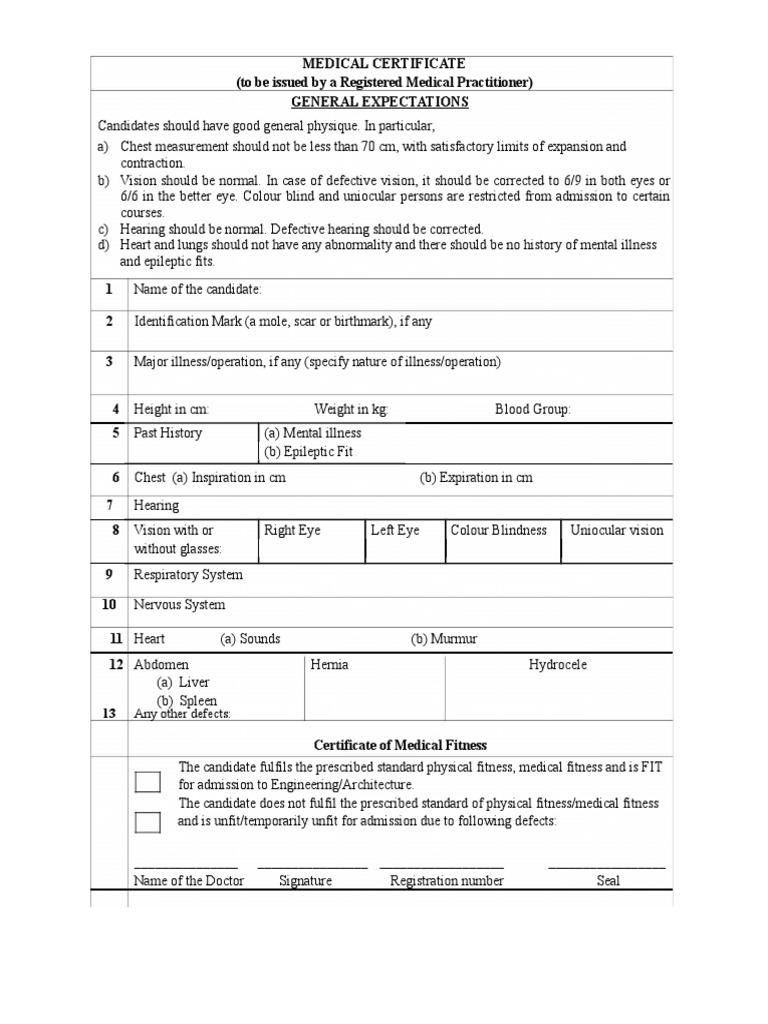 Medical Certificate (To Be Issued by A Registered Medical Practitioner ...