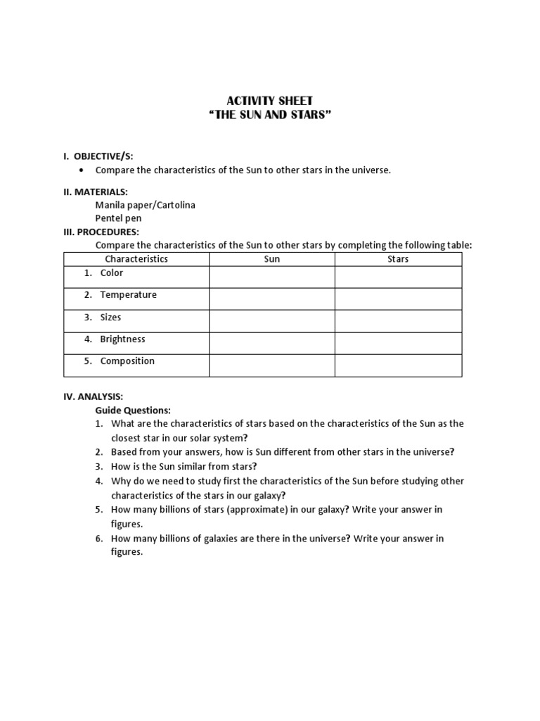Activity Sheet "The Sun and Stars": I. Objective/S | PDF | Stars | Sun