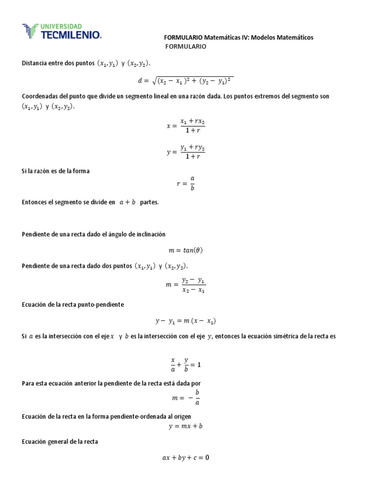 Formulario Matemáticas IV_Modelos Matematicos | Pendiente | Línea ...