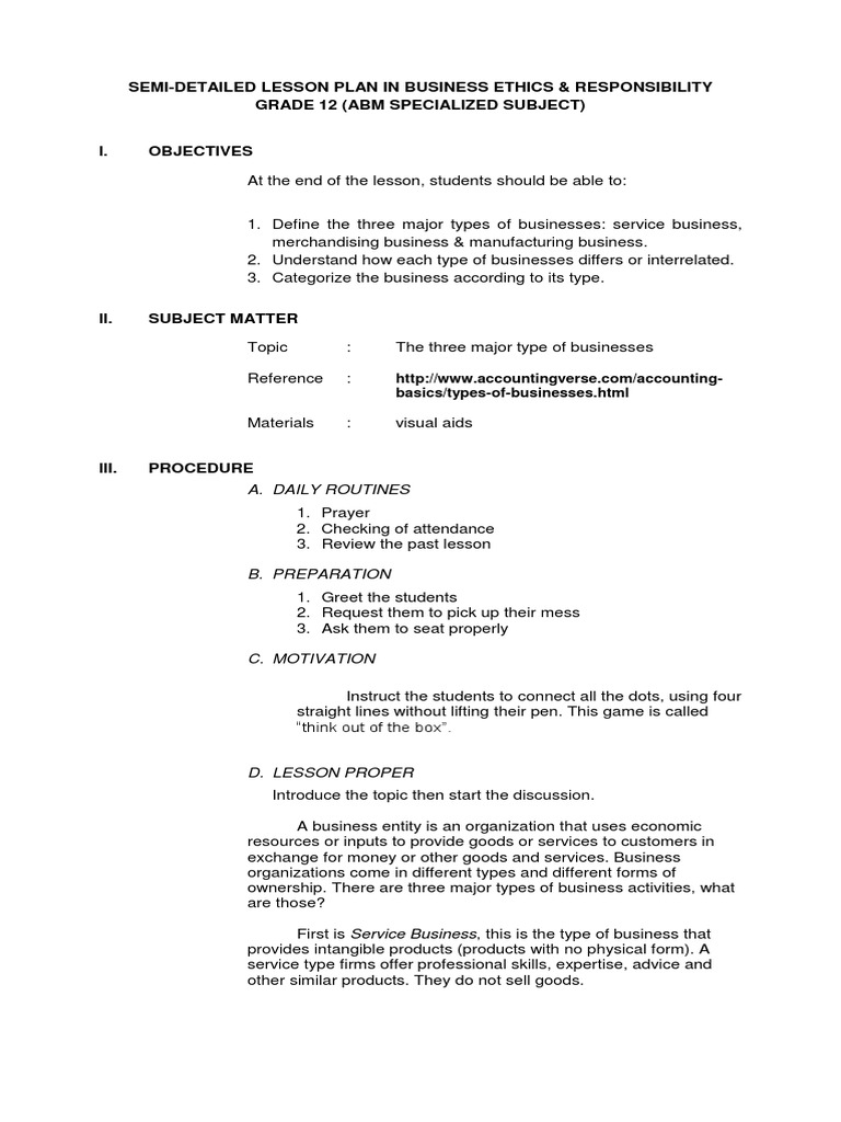 ABM Lesson Plan | PDF | Restaurants | Merchandising