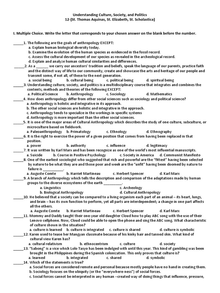 1st UCSP Exam | PDF | Social Science | Anthropology