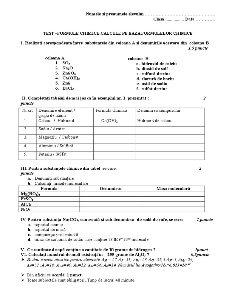 1,5 puncte: Test –Formule Chimice.Calcule Pe Baza Formulelor Chimice