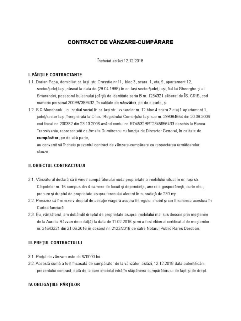 Model Contract Vanzare Cumparare Imobil Laurentiu Mihai | PDF
