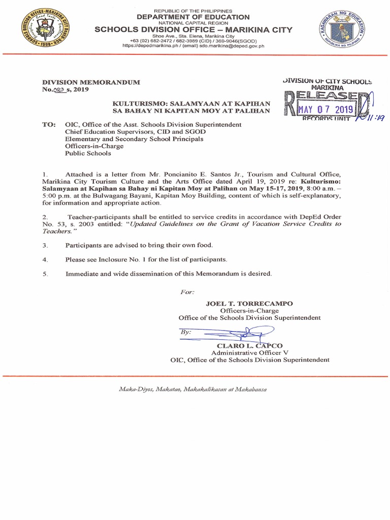 Memo No. 83 S. 2019 Kulturismo Salamyaan at Kapihan Sa Bahay Ni Kapitan ...