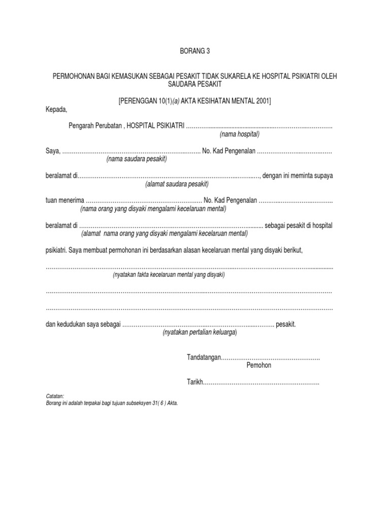 Permohonan Kemasukan Pesakit Psikiatri | PDF