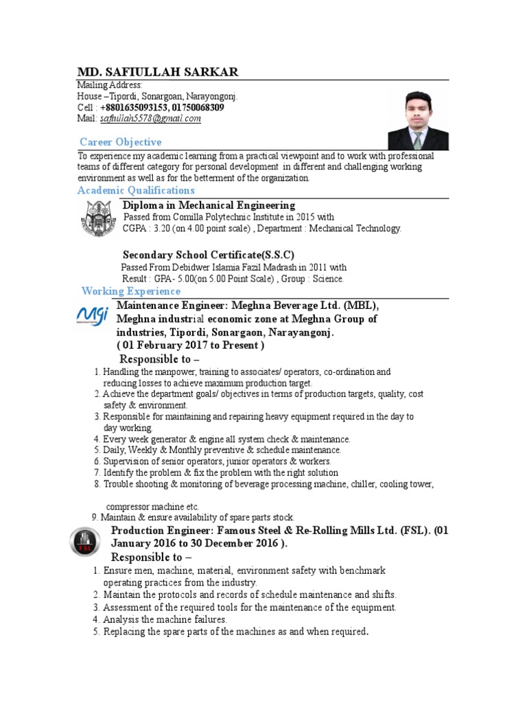 Md. Safiullah Sarkar: Career Objective | PDF | Machines | Engineering