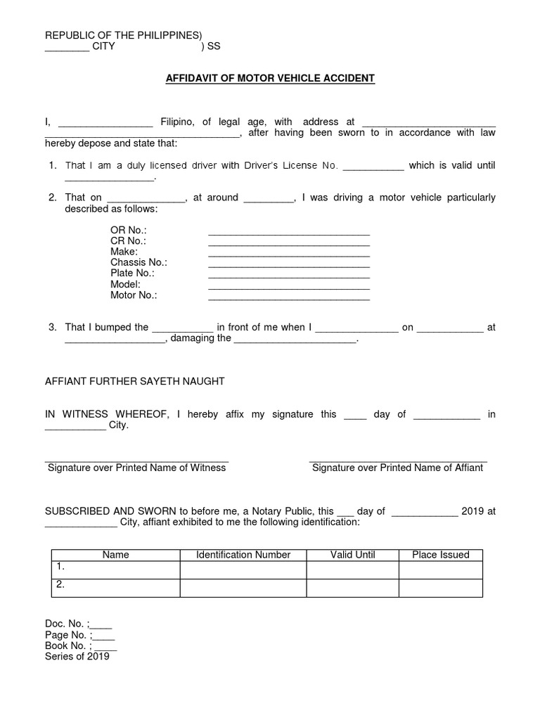 Affidavit of Motor Vehicle Accident