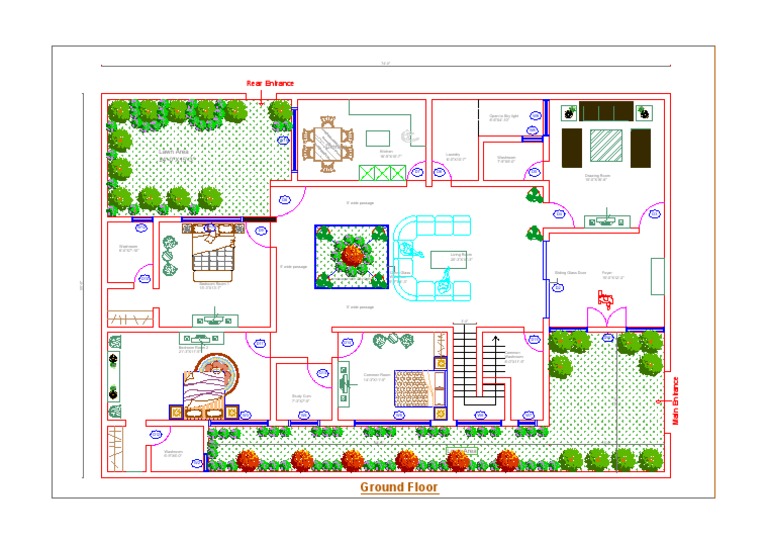 Ground Floor Plan for a Residential Home with Rear and Main Entrances ...