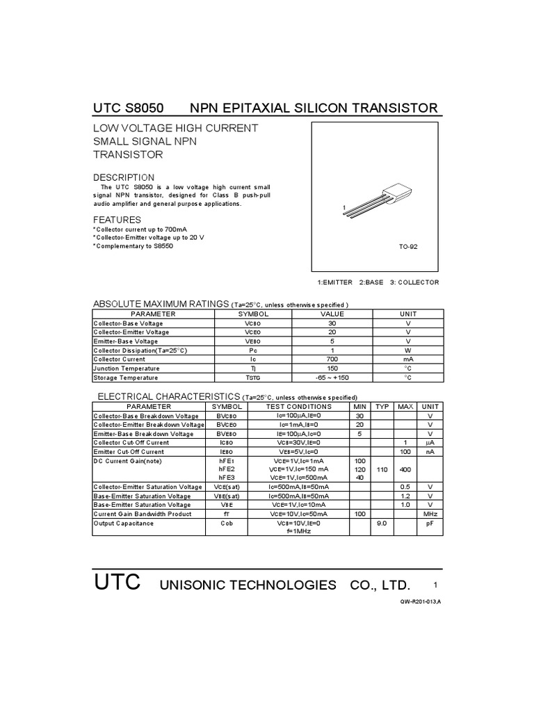 s8050 PDF | PDF | Bipolar Junction Transistor | Electrical Engineering