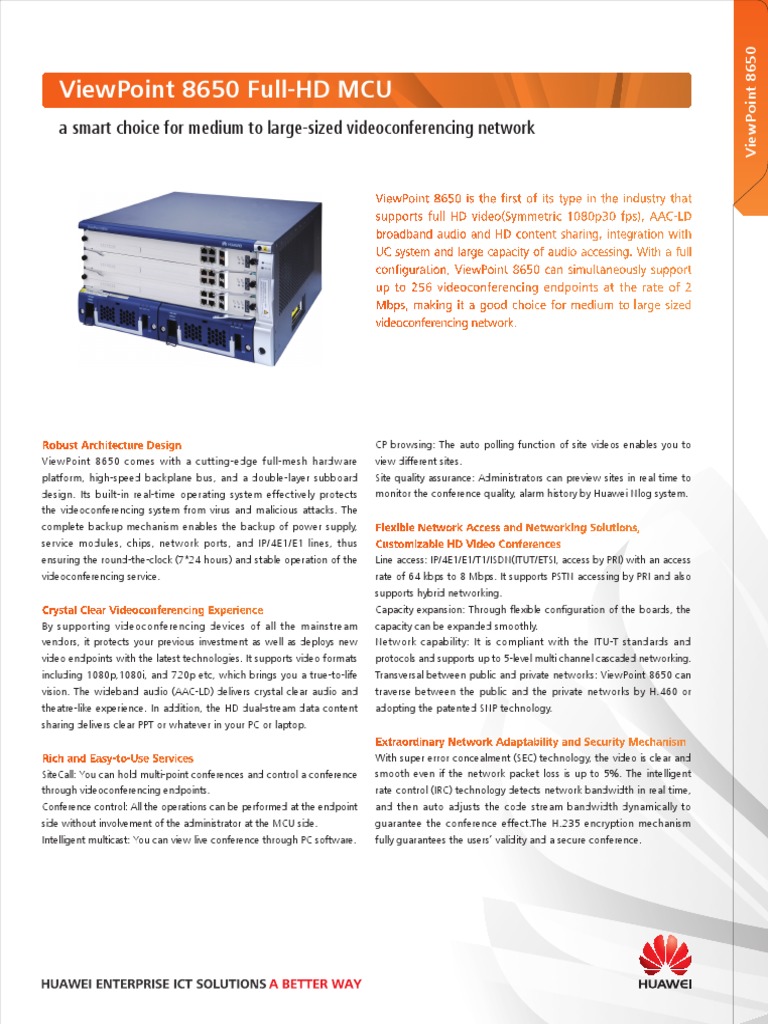 Huawei Videoconferencing MCU ViewPoint 8650 Datasheet - 20131108 | PDF ...