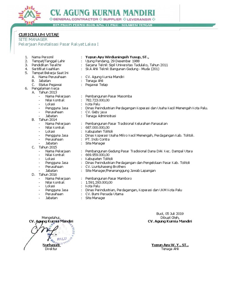 CV Site Manager Proyek Pasar | PDF