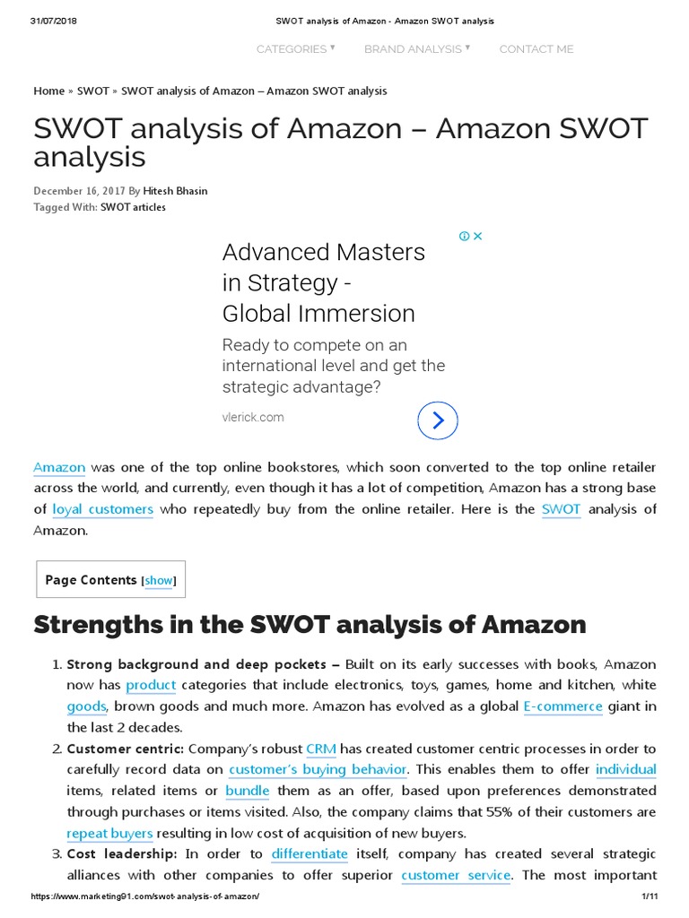 SWOT Analysis of Amazon - Amazon SWOT Analysis | PDF | E Commerce | Retail