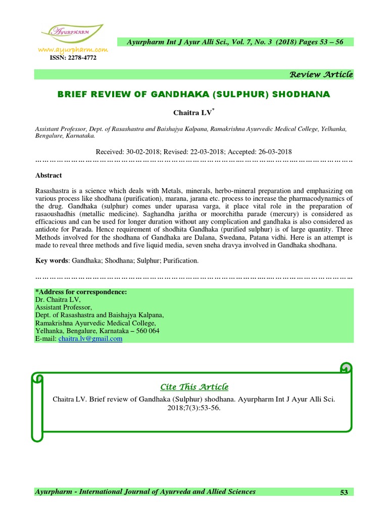Brief Review of Gandhaka (Sulphur) Shodhana | PDF | Ayurveda | Nature