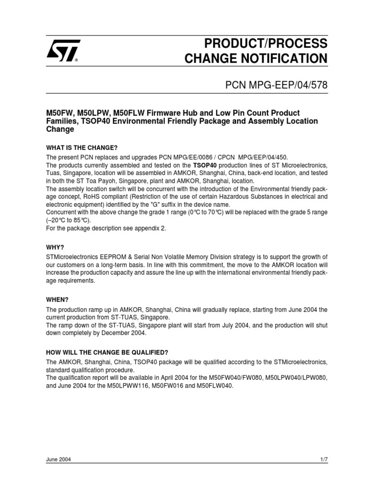 Product/Process Change Notification: PCN MPG-EEP/04/578 | Download Free ...
